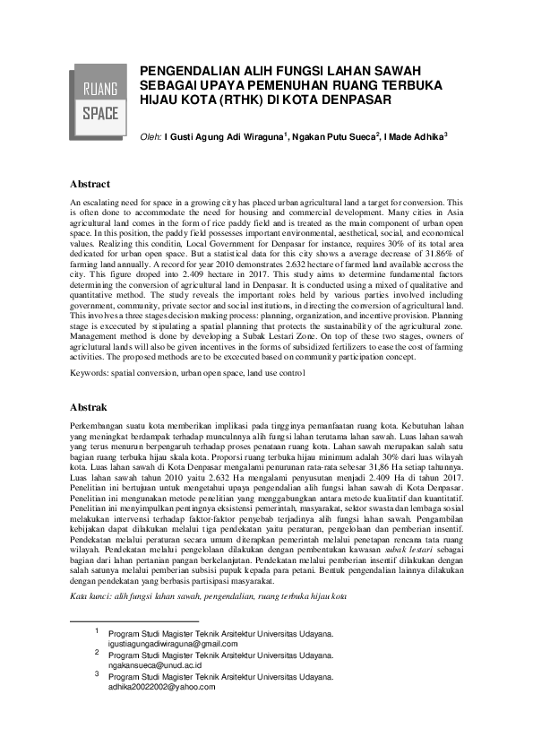 (PDF) Pengendalian Alih Fungsi Lahan Sawah sebagai Upaya Pemenuhan Ruang Terbuka Hijau Kota ...