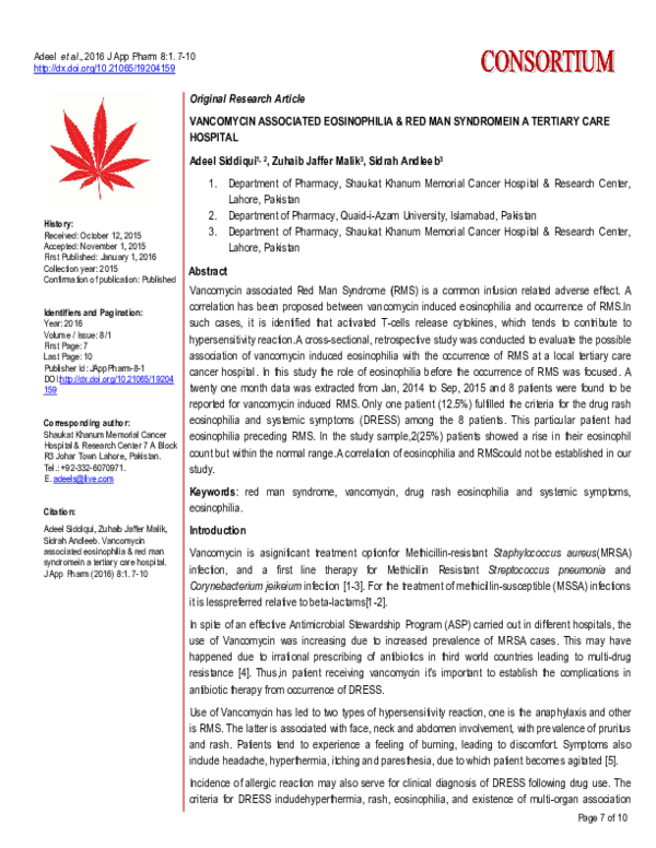 (PDF) Vancomycin Associated Eosinophilia & Red Man Syndromein a ...