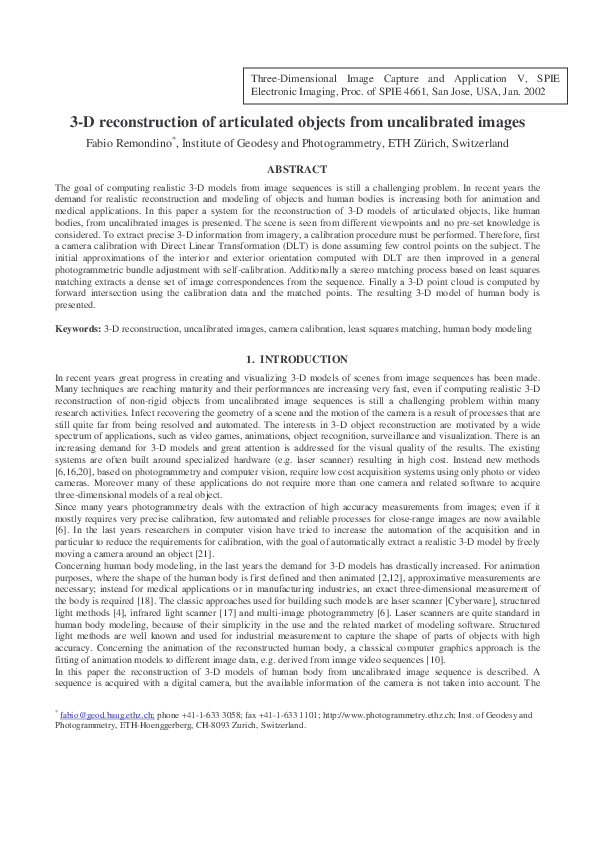 (PDF) 3D reconstruction of articulated objects from uncalibrated images