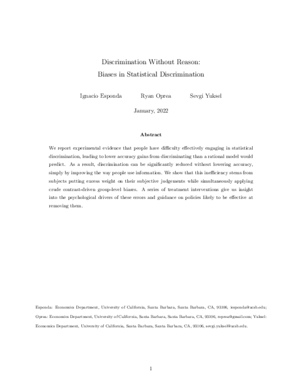 (PDF) Discrimination Without Reason: Biases in Statistical Discrimination