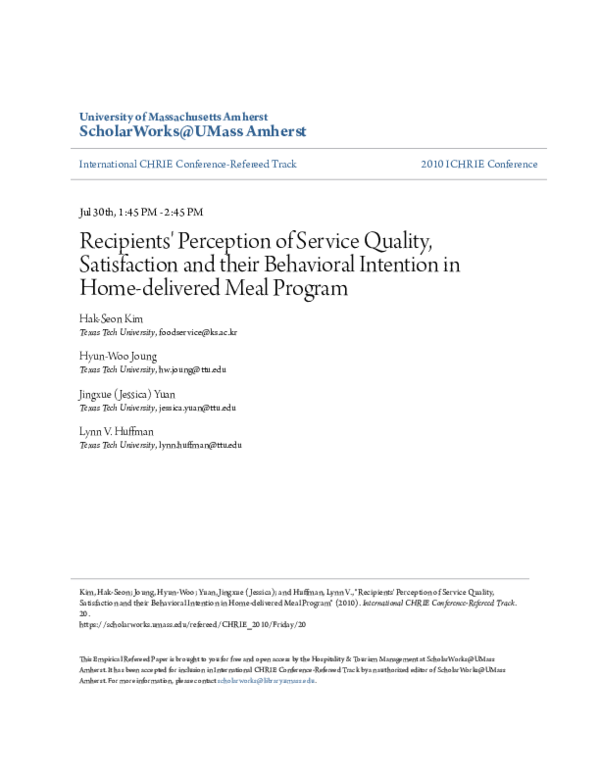 (PDF) Recipients' Perception of Service Quality, Satisfaction and their Behavioral Intention in ...
