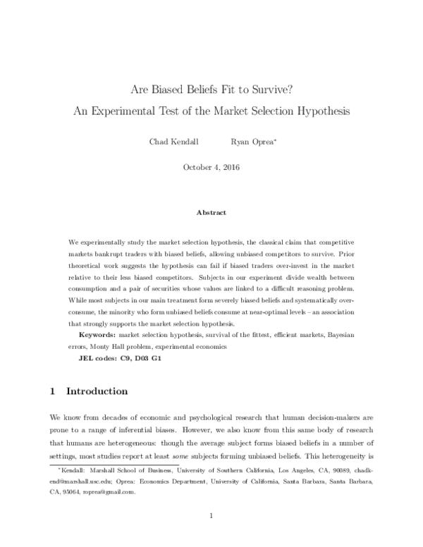 (PDF) Are biased beliefs fit to survive? An experimental test of the ...