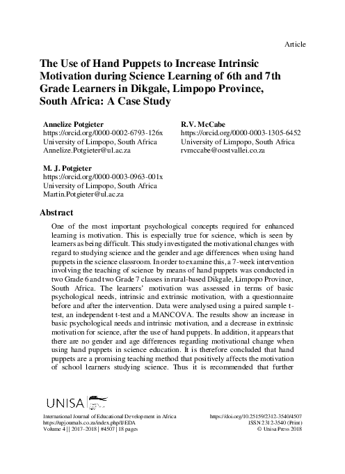 (PDF) The Use of Hand Puppets to Increase Intrinsic Motivation during Science Learning of 6th ...