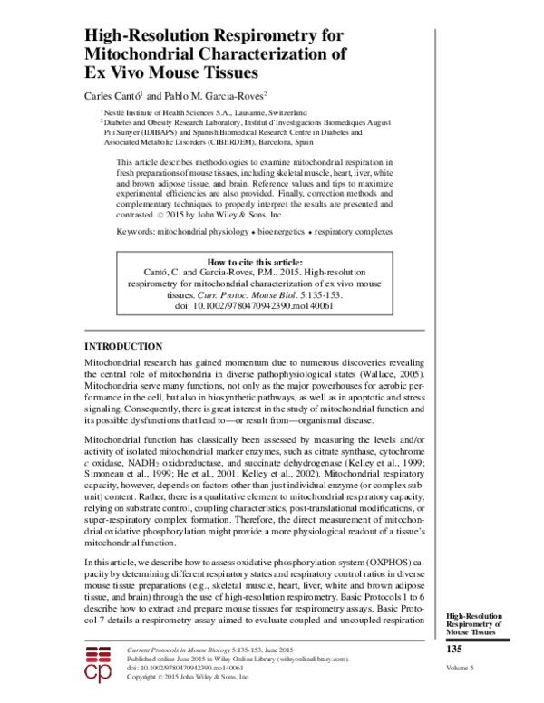 (PDF) High‐Resolution Respirometry for Mitochondrial Characterization ...