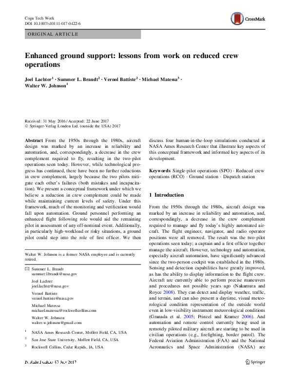 (PDF) Enhanced ground support: lessons from work on reduced crew operations