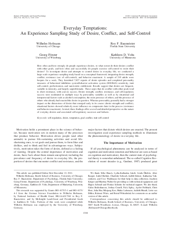 (PDF) Everyday temptations: An experience sampling study of desire, conflict, and self-control