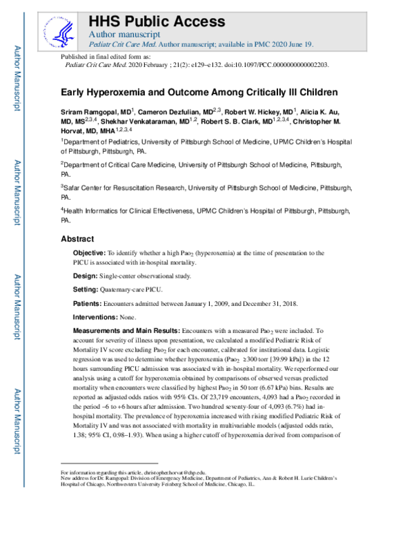 (PDF) Early Hyperoxemia and Outcome Among Critically Ill Children