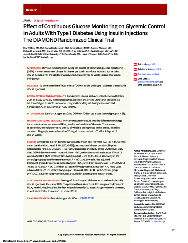 (PDF) Effect of Continuous Glucose Monitoring on Glycemic Control in ...