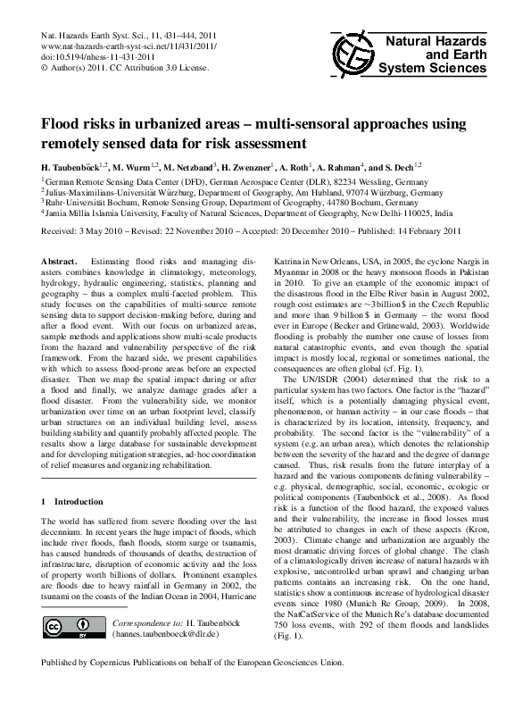 (PDF) Flood risks in urbanized areas – multi-sensoral approaches using remotely sensed data for ...