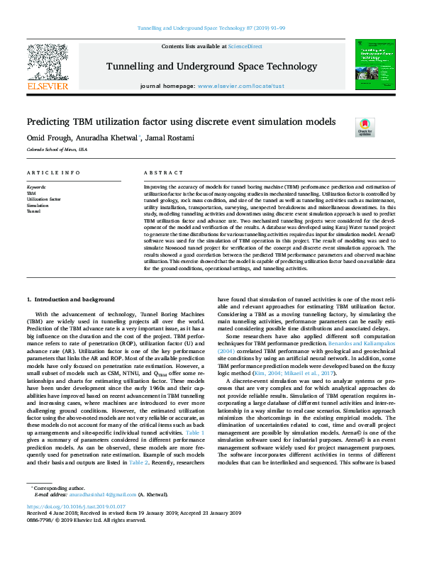 Pdf Predicting Tbm Utilization Factor Using Discrete Event Simulation Models