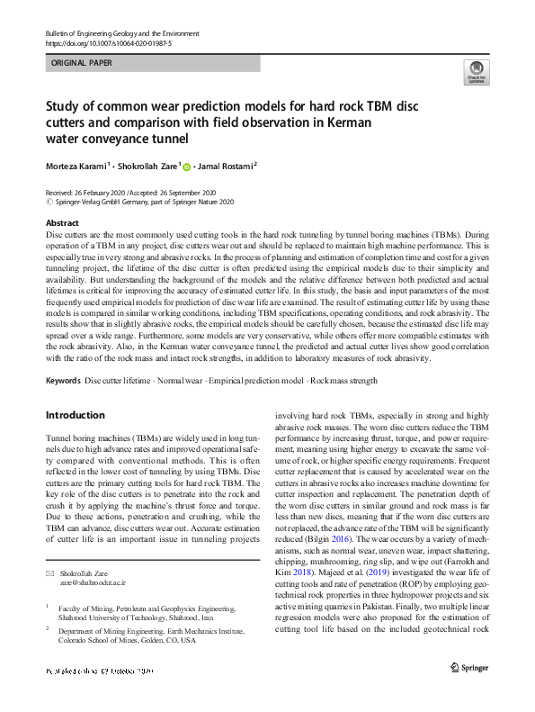 (PDF) Study of common wear prediction models for hard rock TBM disc cutters and comparison with ...