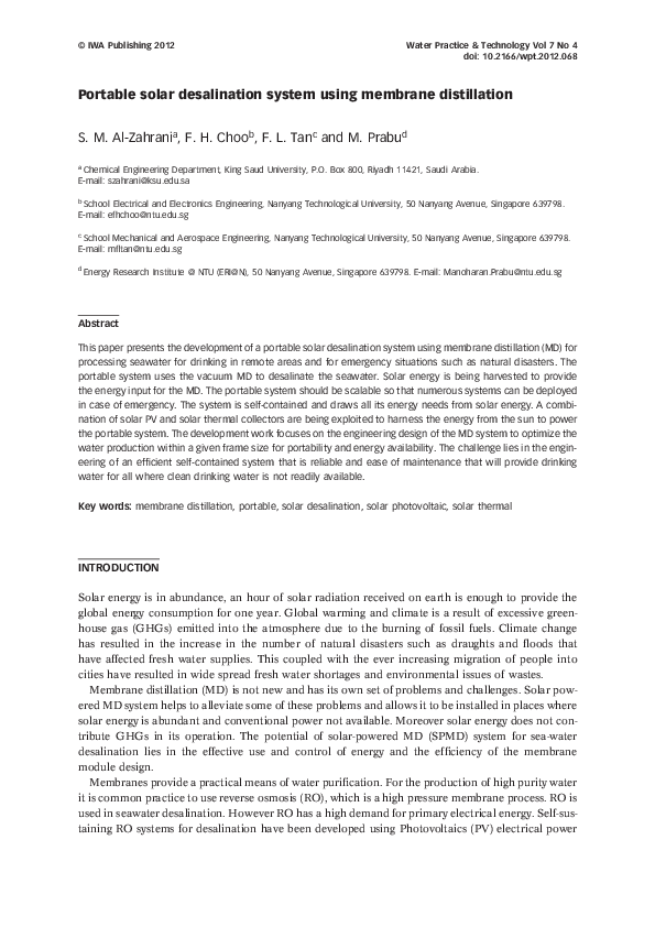(PDF) Portable solar desalination system using membrane distillation