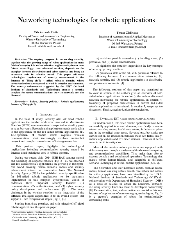 (PDF) Networking technologies for robotic applications