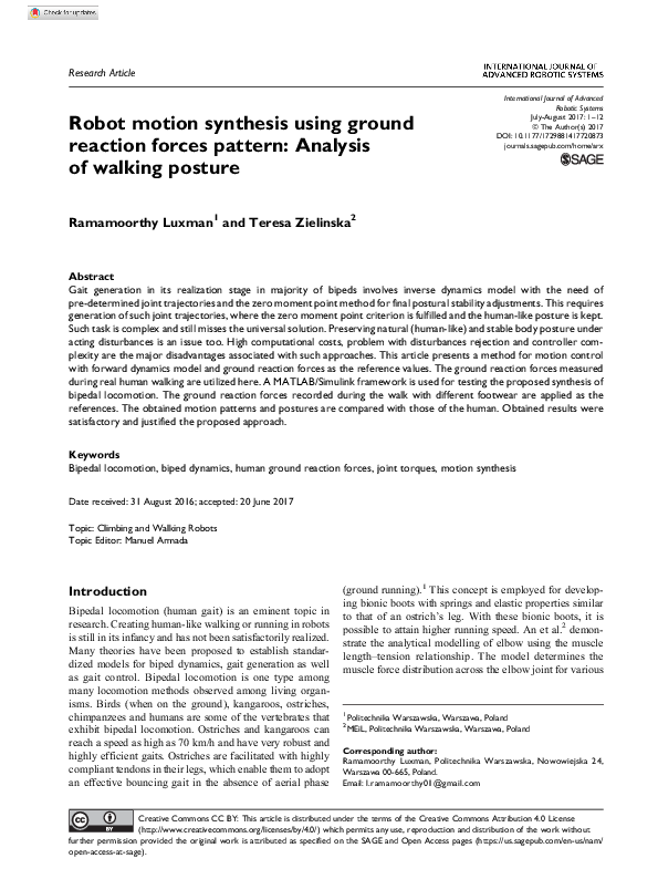 (PDF) Robot motion synthesis using ground reaction forces pattern