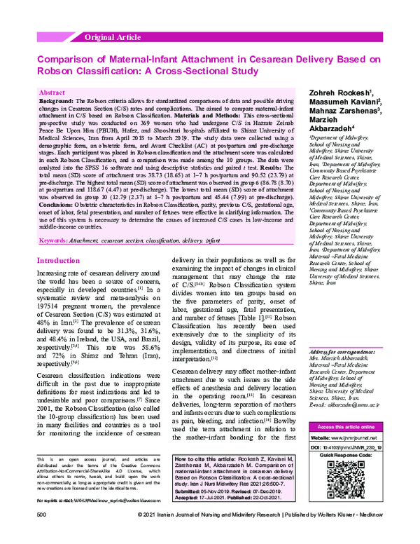 (PDF) Comparison of Maternal-Infant Attachment in Cesarean Delivery ...