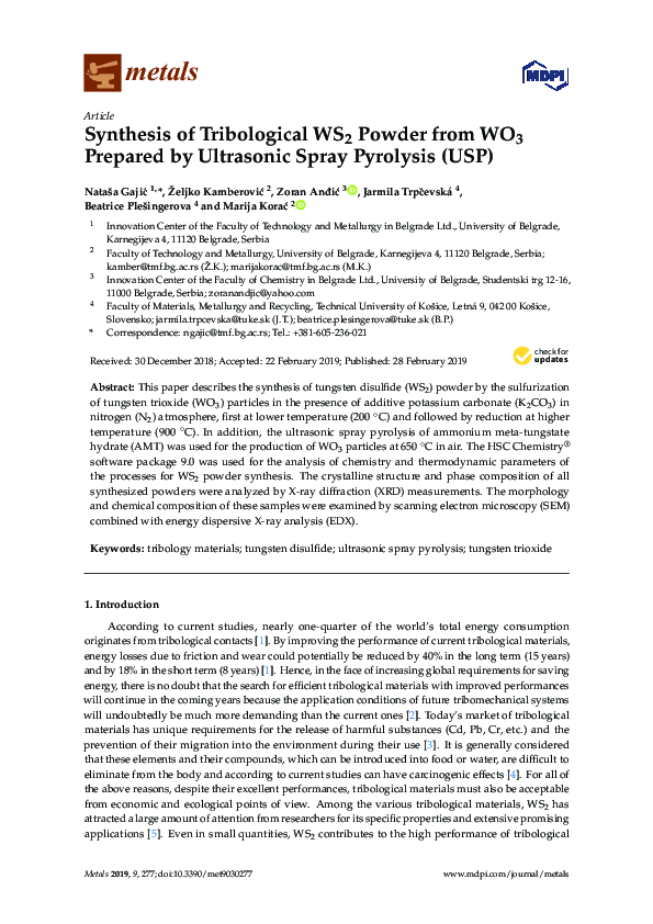 (PDF) Synthesis of Tribological WS2 Powder from WO3 Prepared by ...
