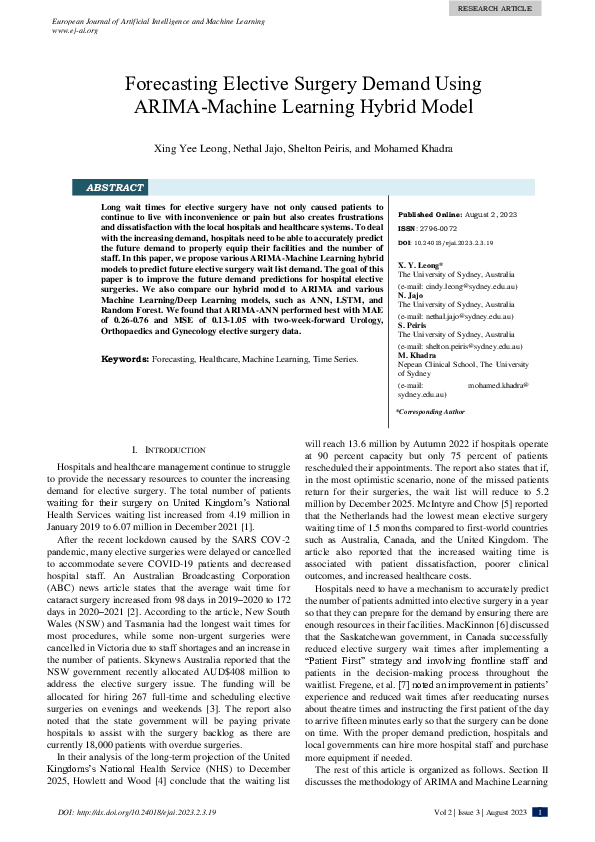 Pdf Forecasting Elective Surgery Demand Using Arima Machine Learning Hybrid Model
