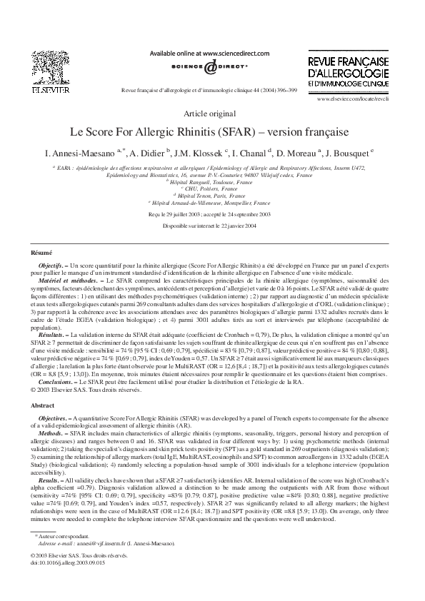 (PDF) Le Score For Allergic Rhinitis (SFAR) ? version fran aise