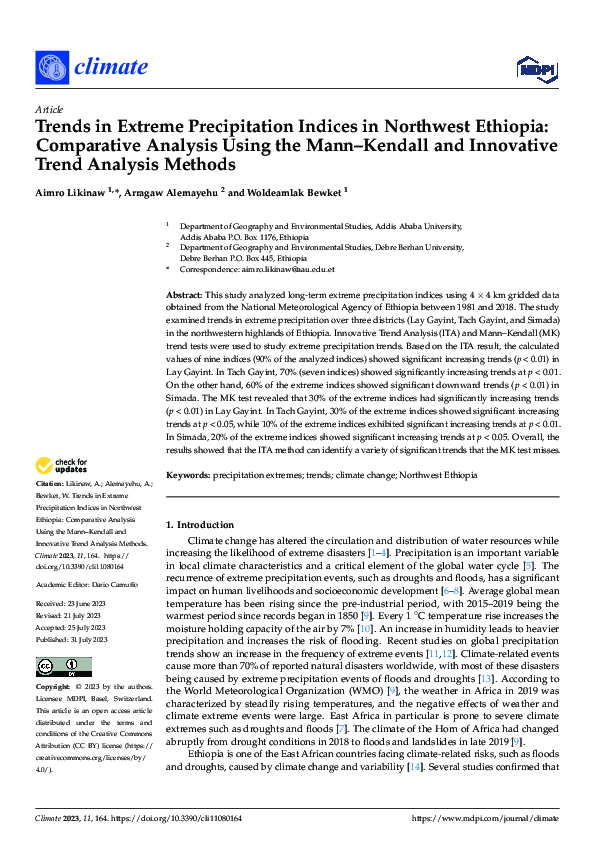 (PDF) Trends in Extreme Precipitation Indices in Northwest Ethiopia ...