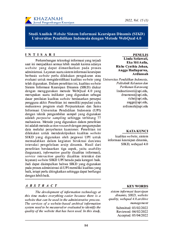 (PDF) Studi Analisis Website Sistem Informasi Kersipan Dinamis UPI dengan Metode Webqual