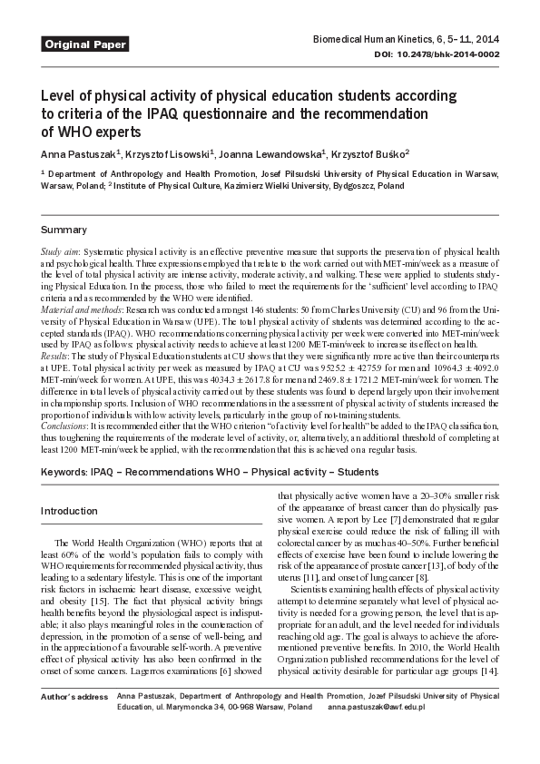 (PDF) Level of physical activity of physical education students ...