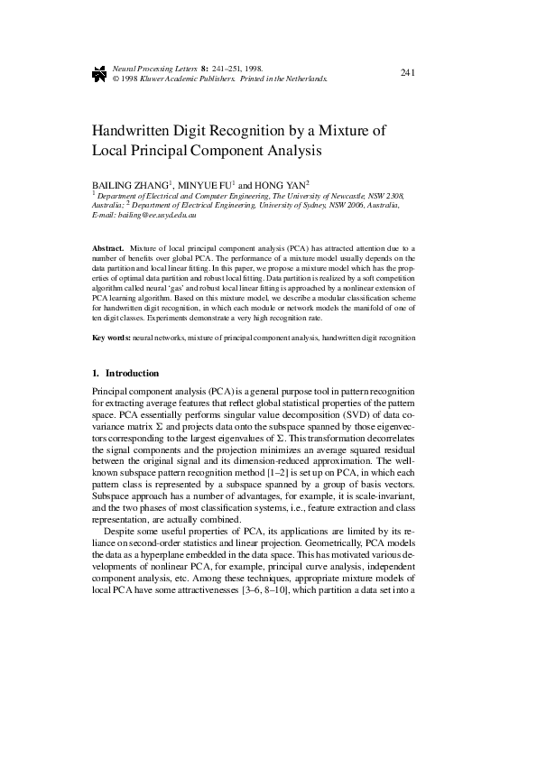 (PDF) Handwritten Digit Recognition by a Mixture of Local Principal Component Analysis