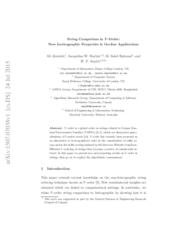 Pdf String Comparison In V Order New Lexicographic Properties And On Line Applications Wf