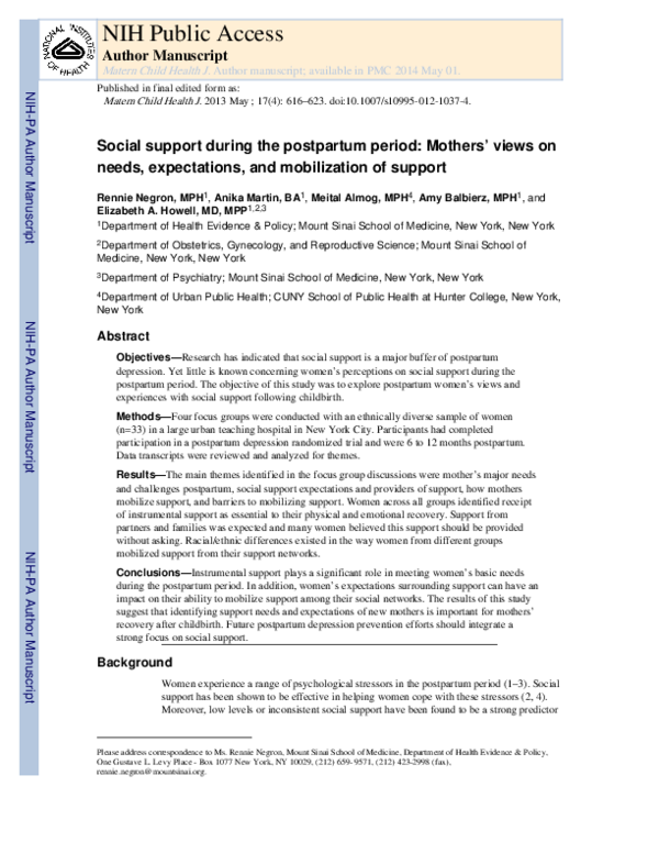 (PDF) Social Support During the Postpartum Period: Mothers’ Views on ...