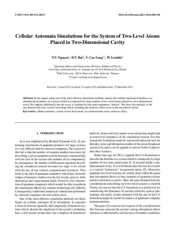 Pdf Cellular Automata Simulations For The System Of Two Level Atoms Placed In Two Dimensional