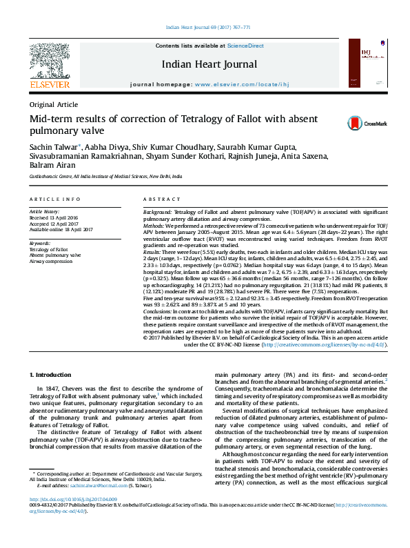 (PDF) Mid-term results of correction of Tetralogy of Fallot with absent ...