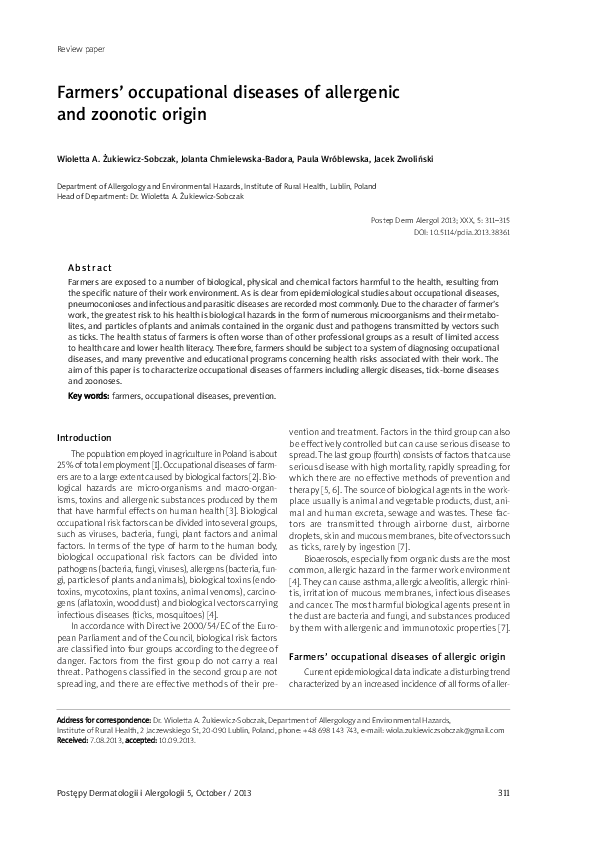(PDF) Farmers’ occupational diseases of allergenic and zoonotic origin