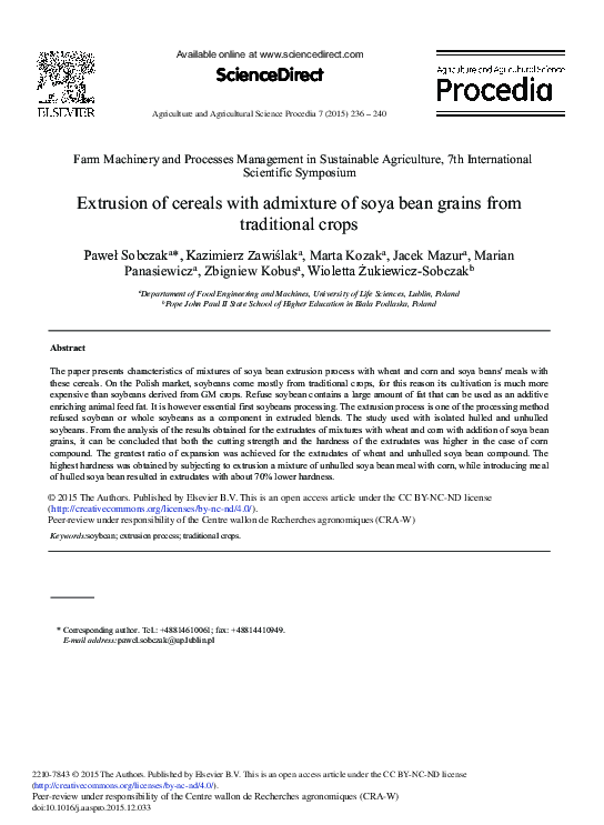 (PDF) Extrusion of Cereals with Admixture of Soya Bean Grains from ...