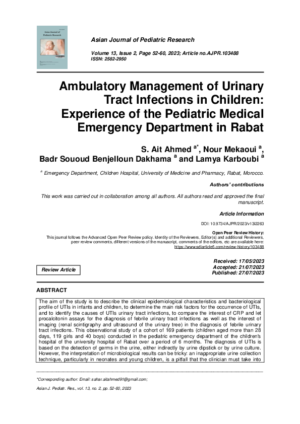 (PDF) Ambulatory Management of Urinary Tract Infections in Children: Experience of the Pediatric ...