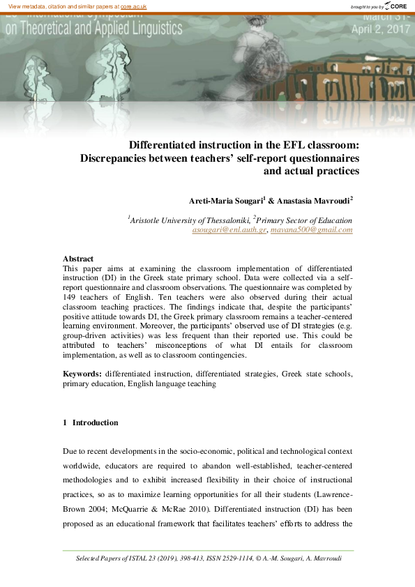 (PDF) Differentiated instruction in the EFL classroom: Discrepancies between teachers’ self ...