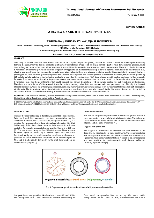 (PDF) A REVIEW ON SOLID LIPID NANOPARTICLES Review Article