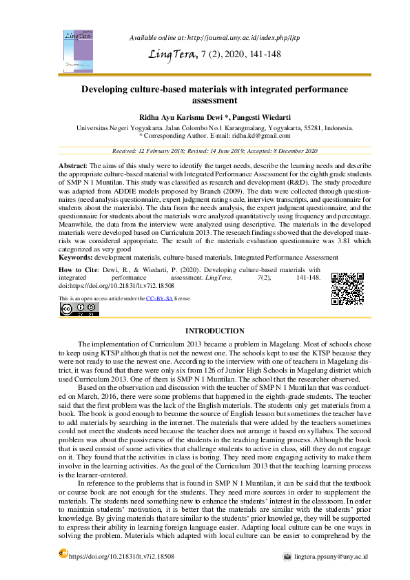 (PDF) Developing culture-based materials with integrated performance assessment