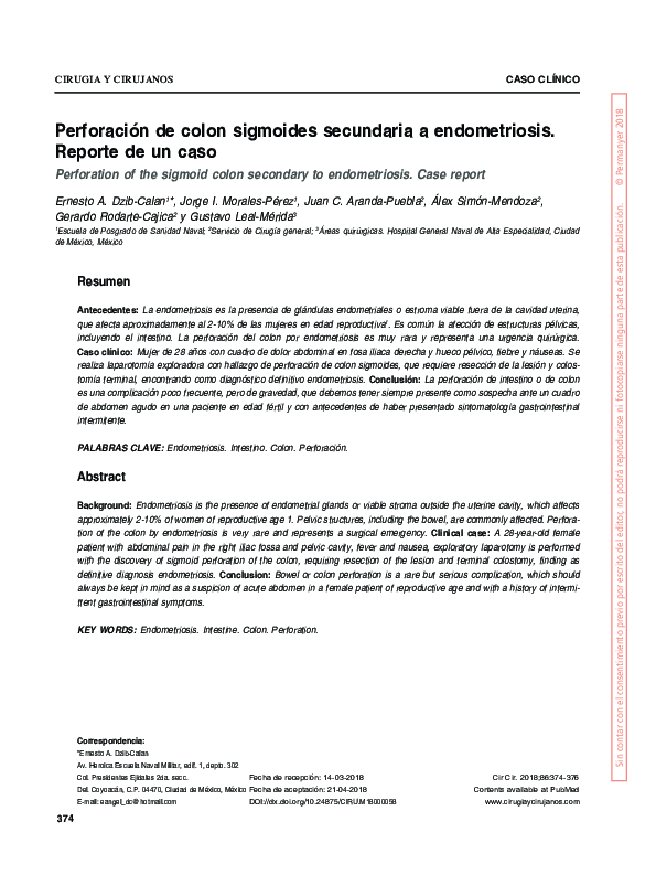 (PDF) Perforación de colon sigmoides secundaria a endometriosis ...