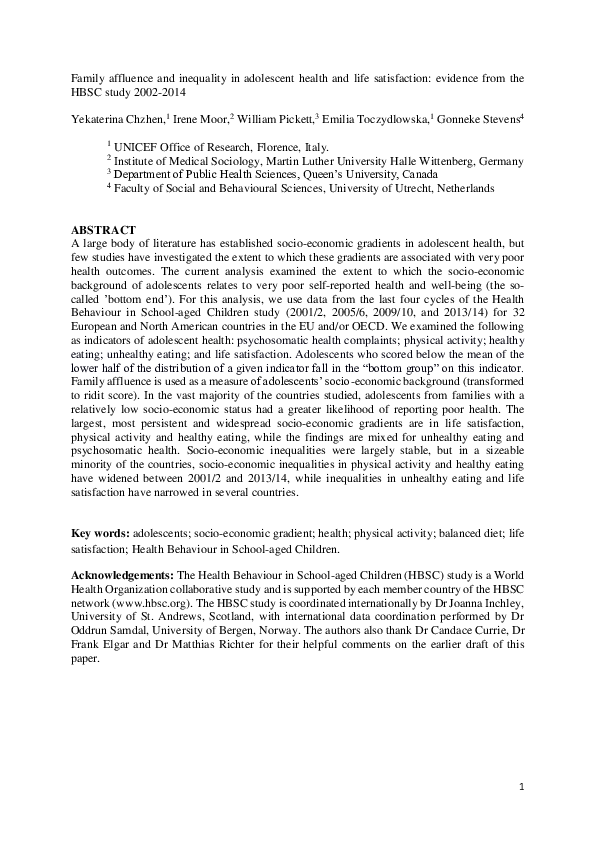 (PDF) Family Affluence and Inequality in Adolescent Health and Life Satisfaction