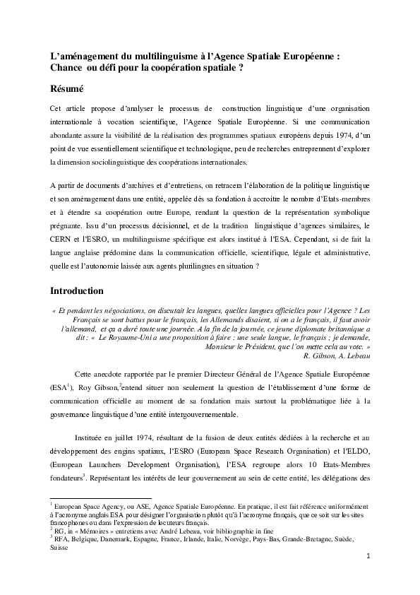 (PDF) L'aménagement du multilinguisme à l'Agence Spatiale Européenne ...