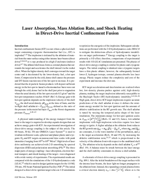 (PDF) Laser absorption, mass ablation rate, and shock heating in direct-drive inertial ...
