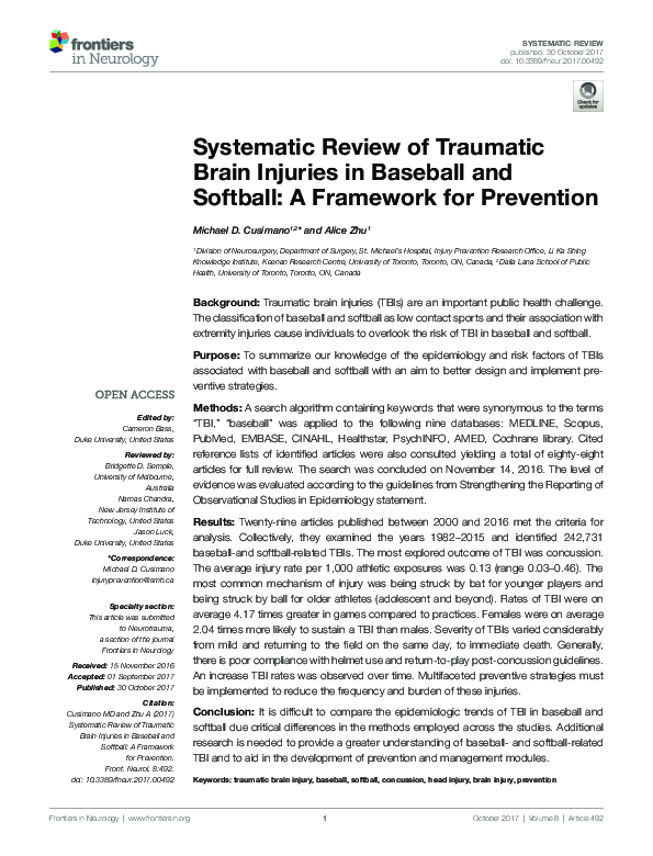 (PDF) Systematic Review of Traumatic Brain Injuries in Baseball and ...