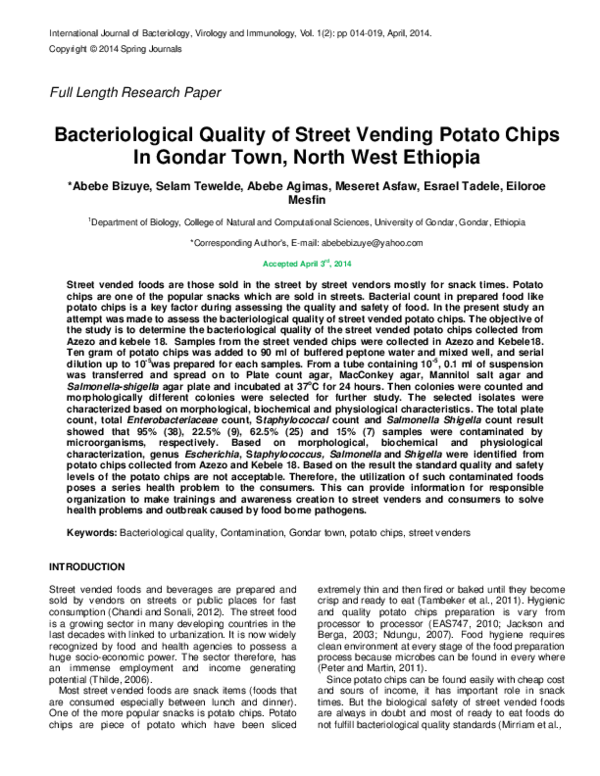 (PDF) Bacteriological Quality of Street Vending Potato Chips In Gondar ...