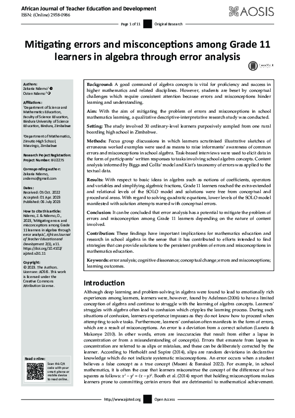 (PDF) Mitigating errors and misconceptions among Grade 11 learners in algebra through error analysis