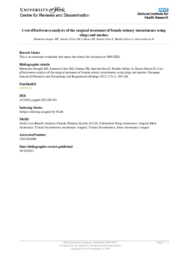 Pdf Cost Effectiveness Analysis Of The Surgical Treatment Of Female