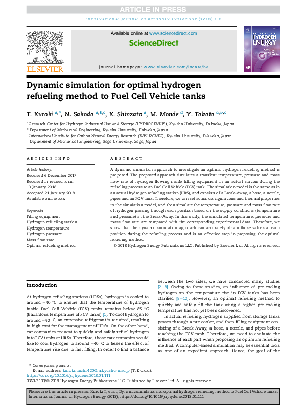 (PDF) Dynamic simulation for optimal hydrogen refueling method to Fuel ...