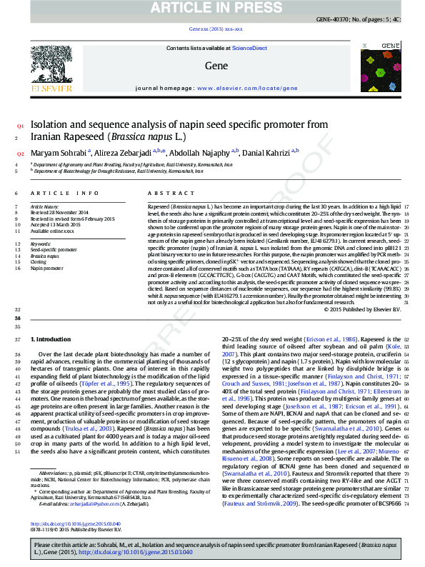 (PDF) Isolation and sequence analysis of napin seed specific promoter ...