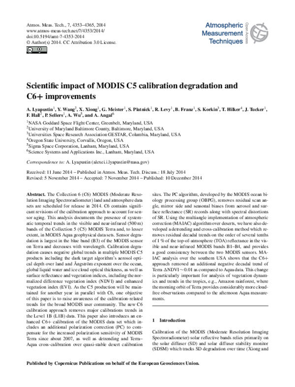 (PDF) Scientific impact of MODIS C5 calibration degradation and C6+ improvements