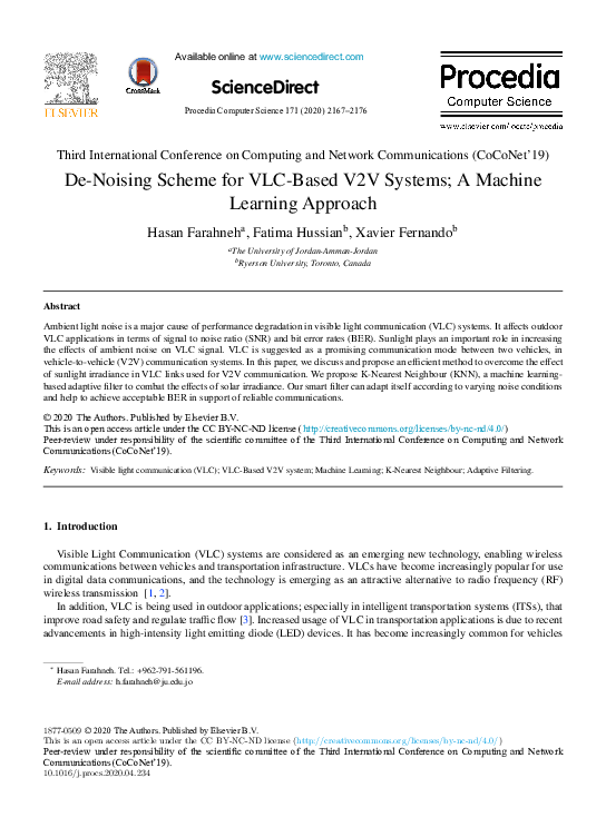 (PDF) De-Noising Scheme for VLC-Based V2V Systems; A Machine Learning Approach