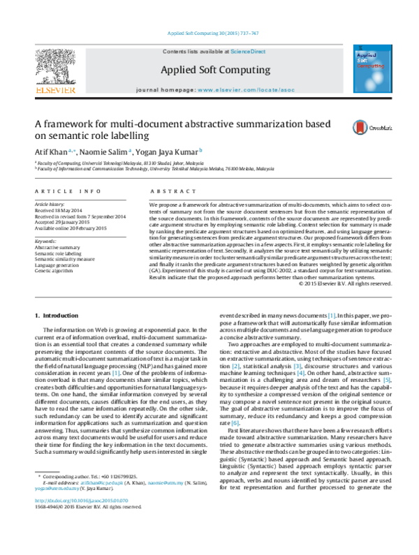 (PDF) A framework for multi-document abstractive summarization based on semantic role labelling