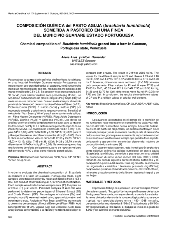 (PDF) COMPOSICIÓN QUÍMICA del PASTO AGUJA (brachiaria humidìcola ...